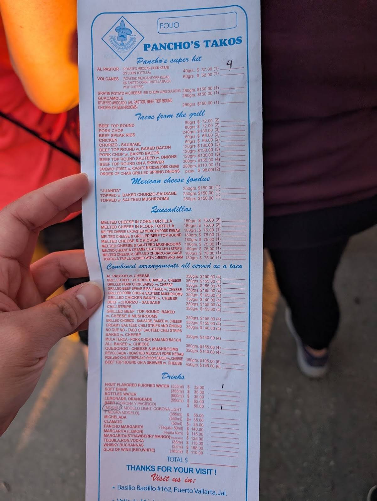 Menu at Pancho's Takos restaurant, Puerto Vallarta, Basilio Badillo 162