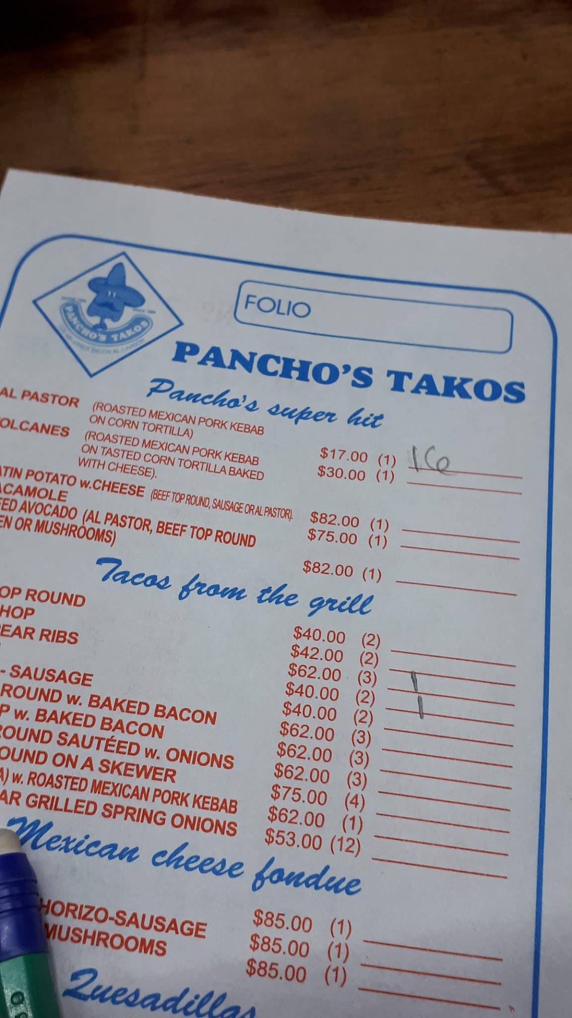 Menu at Pancho's Takos restaurant, Puerto Vallarta, Basilio Badillo 162