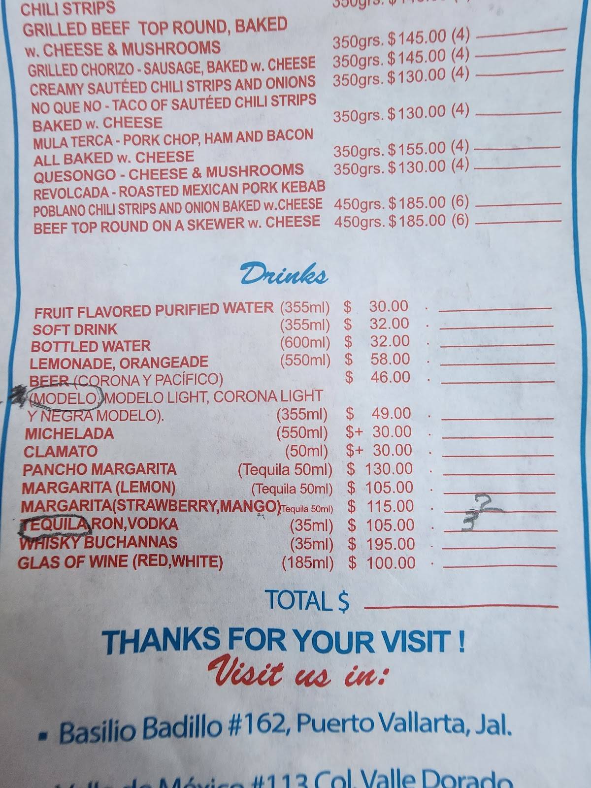 Menu at Pancho's Takos restaurant, Puerto Vallarta, Basilio Badillo 162