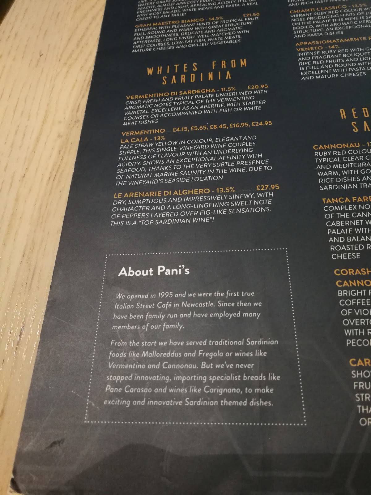 Menu at Pani's Italian restaurant, Newcastle upon Tyne