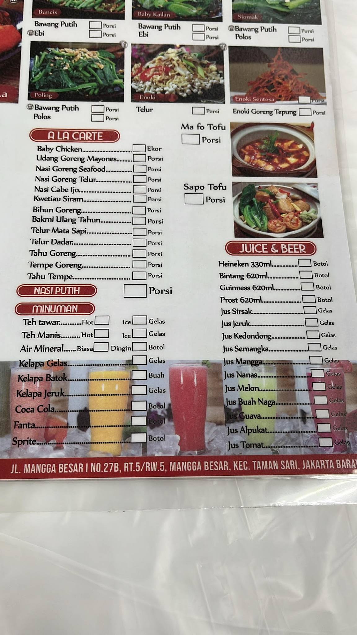 Menu at Pantai Sentosa Seafood Market restaurant, West Jakarta