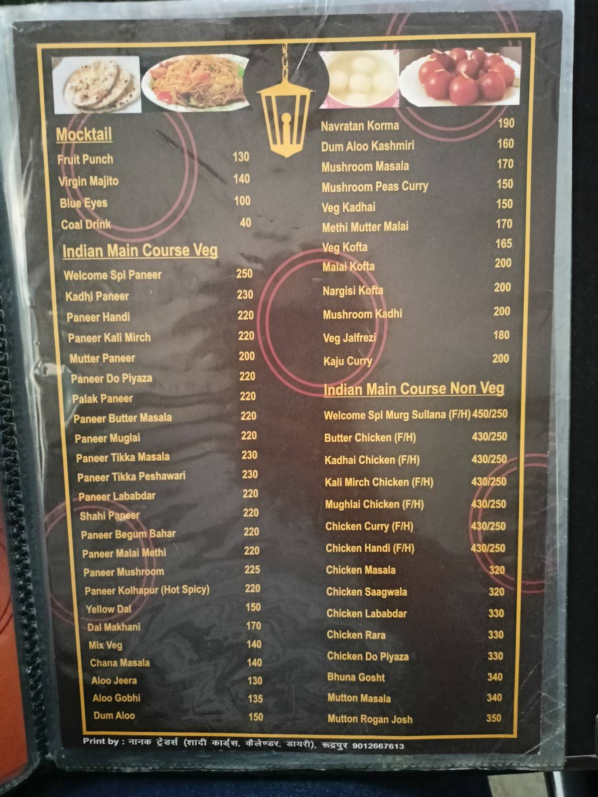 Menu at Welcome Restaurant, Pantnagar, 2GH8+492