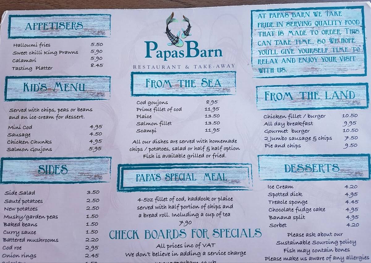 Menu at Papa's Barn Fish & Chips Restaurant & Takeaway, Aylesford