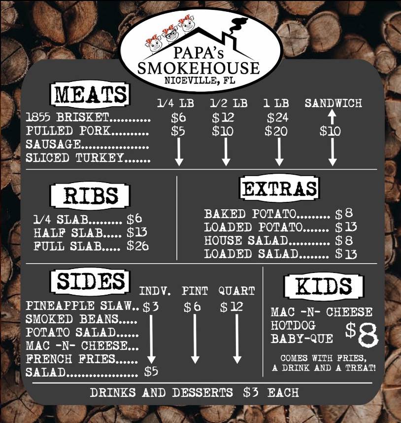 Menu at Papa’s Smokehouse BBQ, Niceville