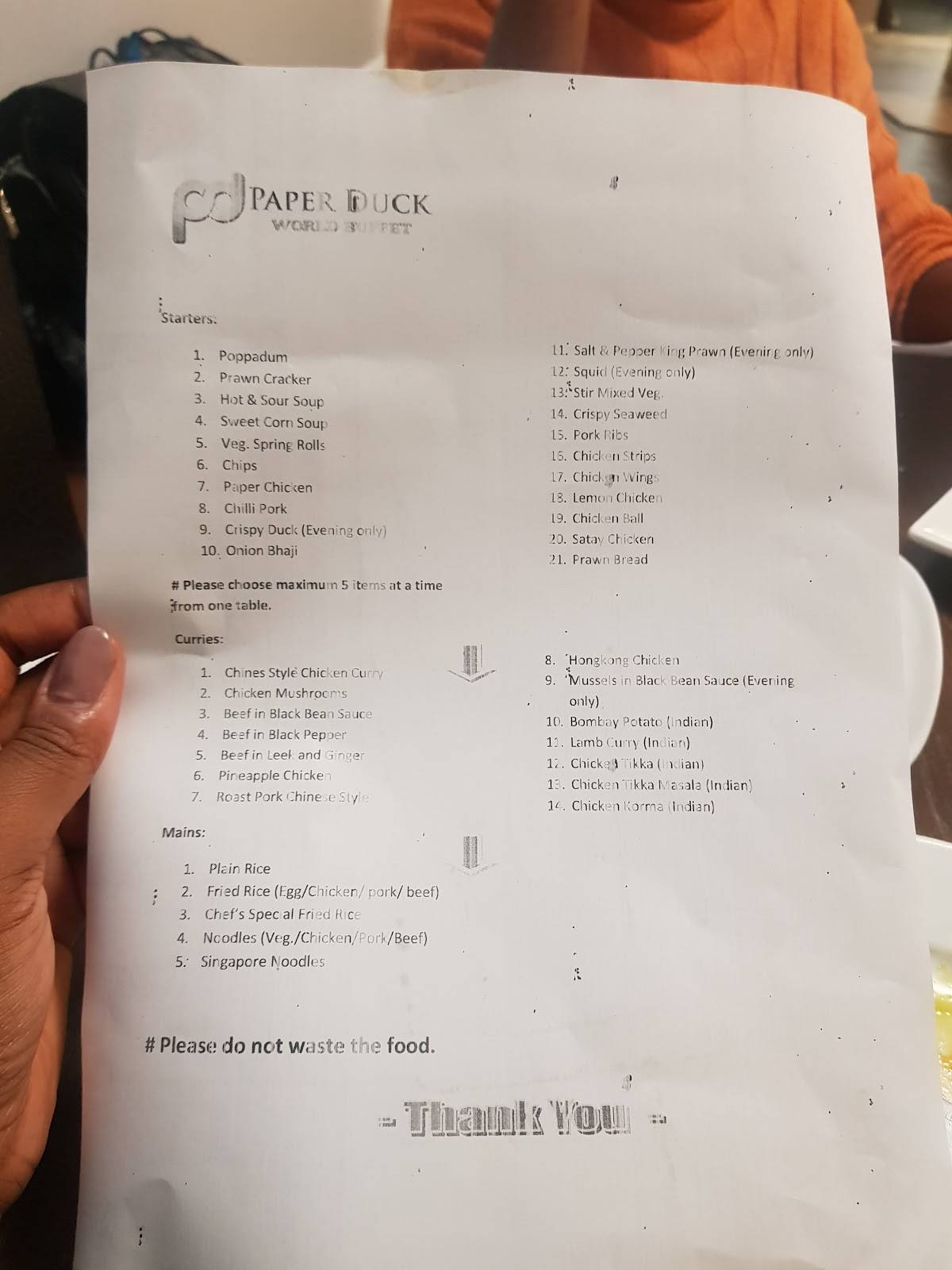 Menu at Paper Duck World Buffet restaurant, Ashford