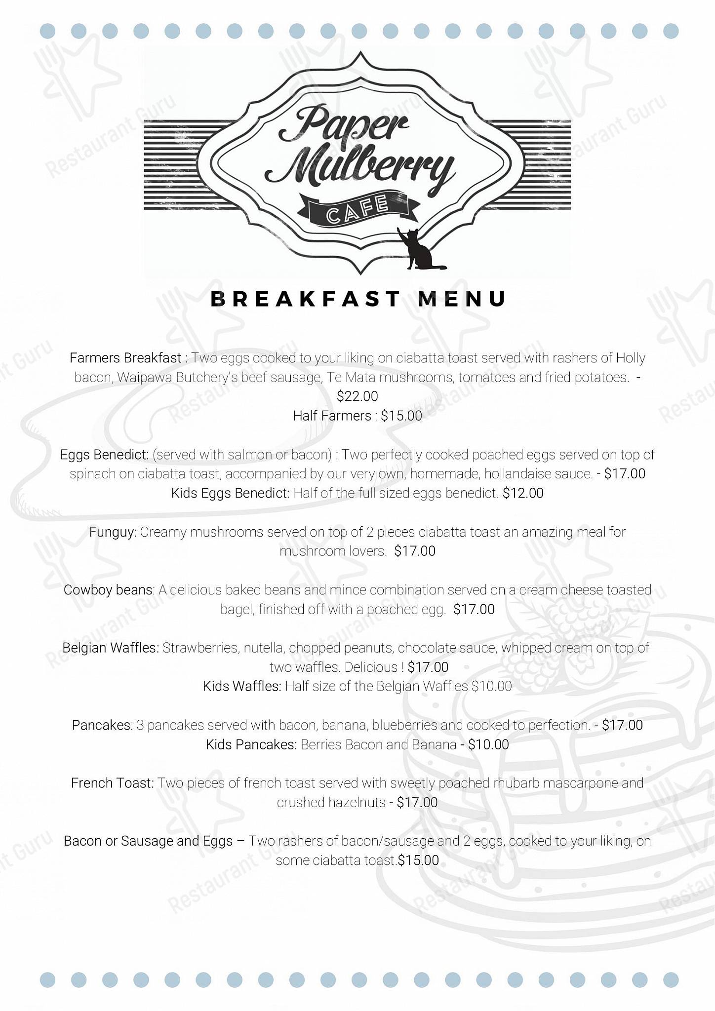 Menu at Paper Mulberry Cafe, Otane, 89 State Hwy 2