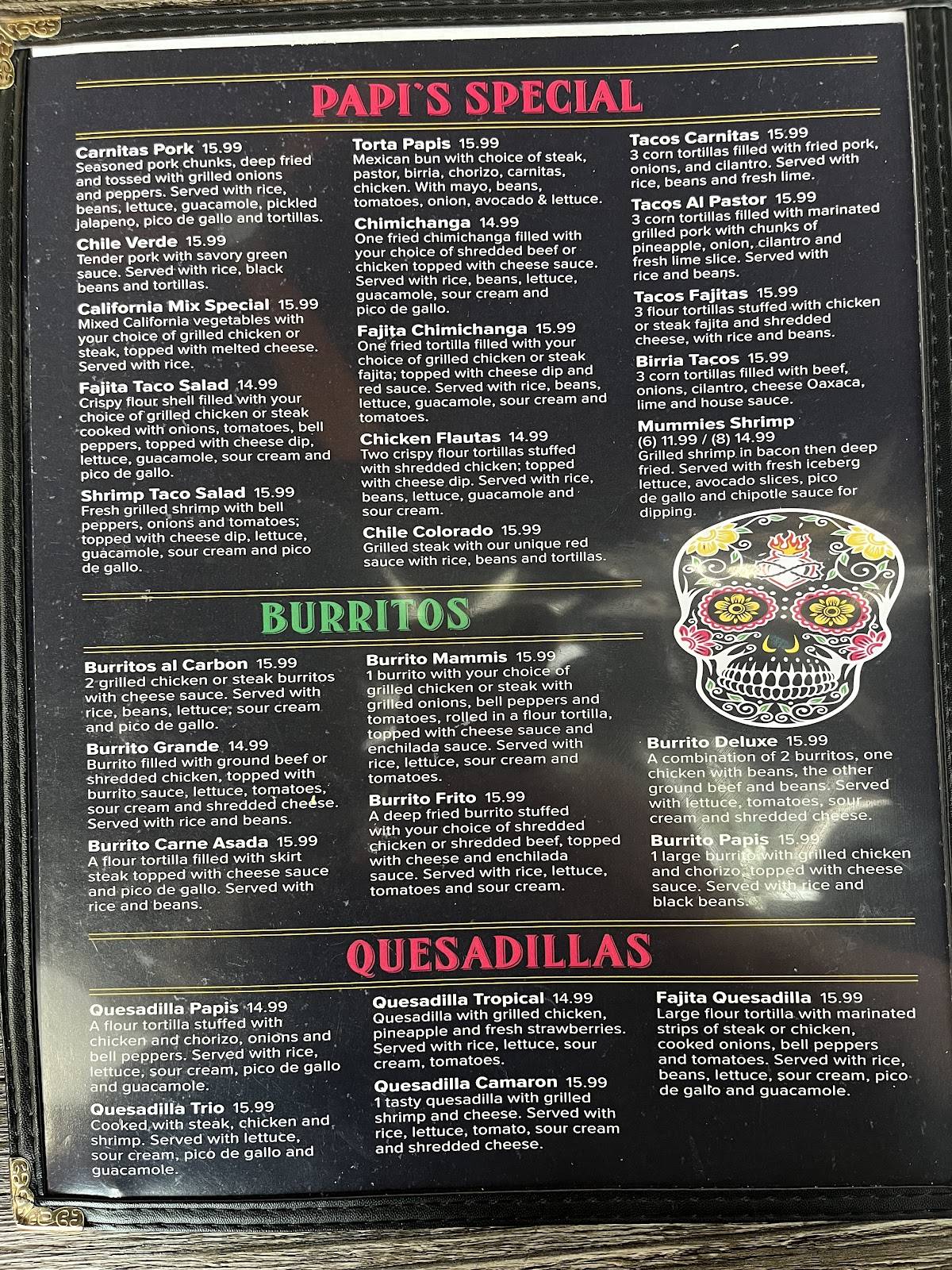 Menu at Papi’s Mex Grill & Bar, Carrollton