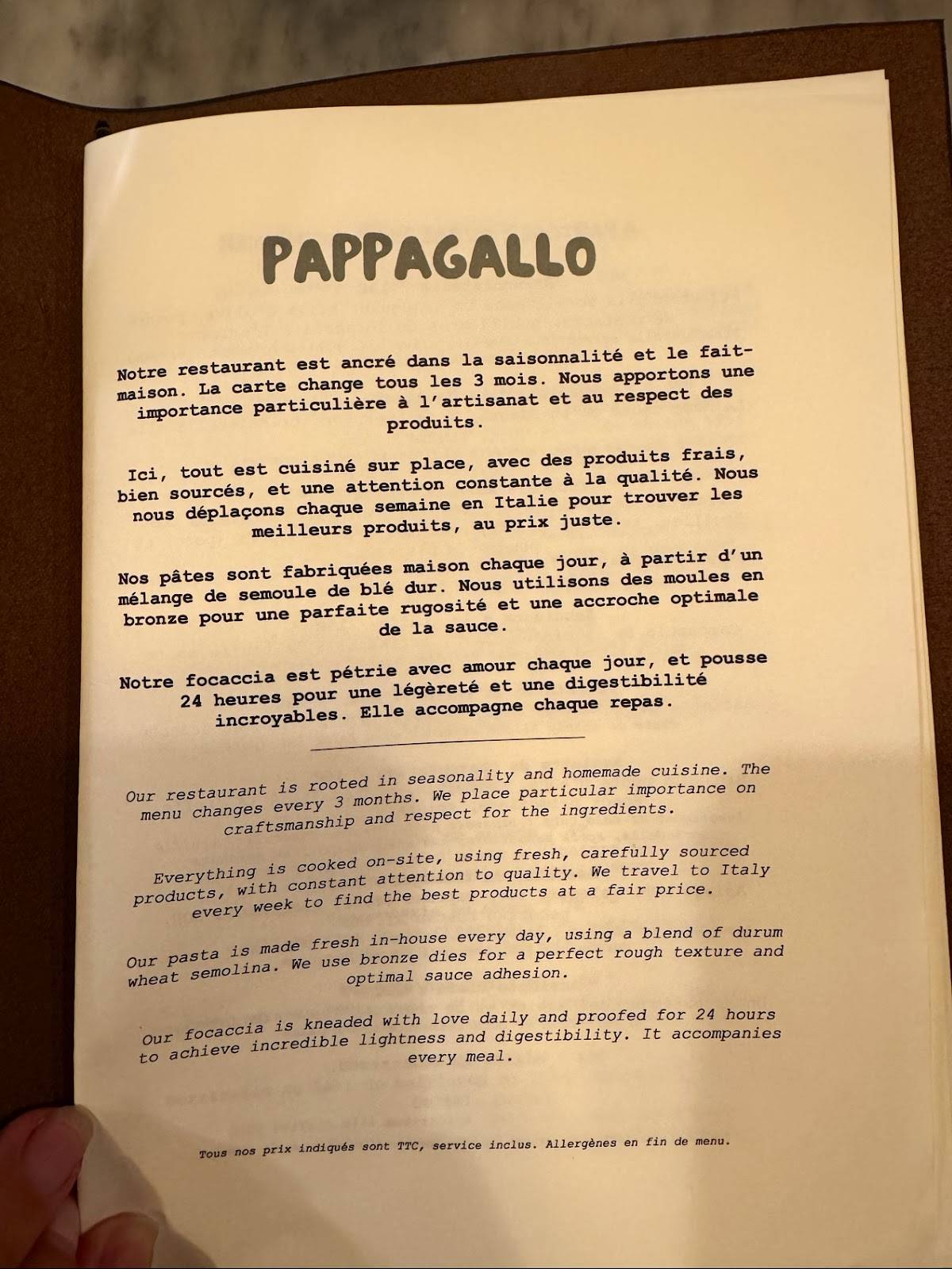 Menu at Pappagallo restaurant, Nice, 9 Rue Boyer