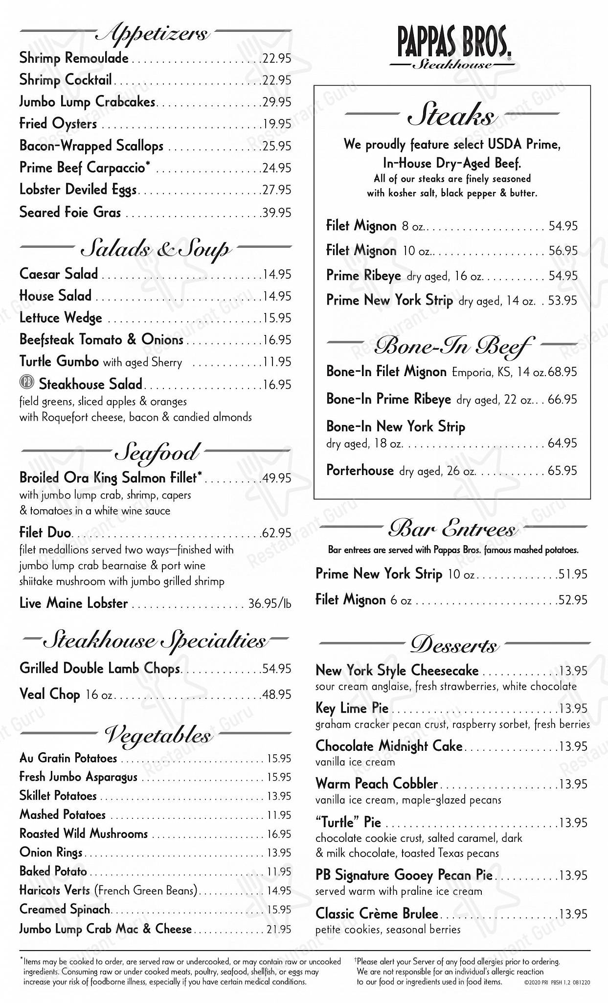 Menu at Pappas Bros. Steakhouse, Dallas