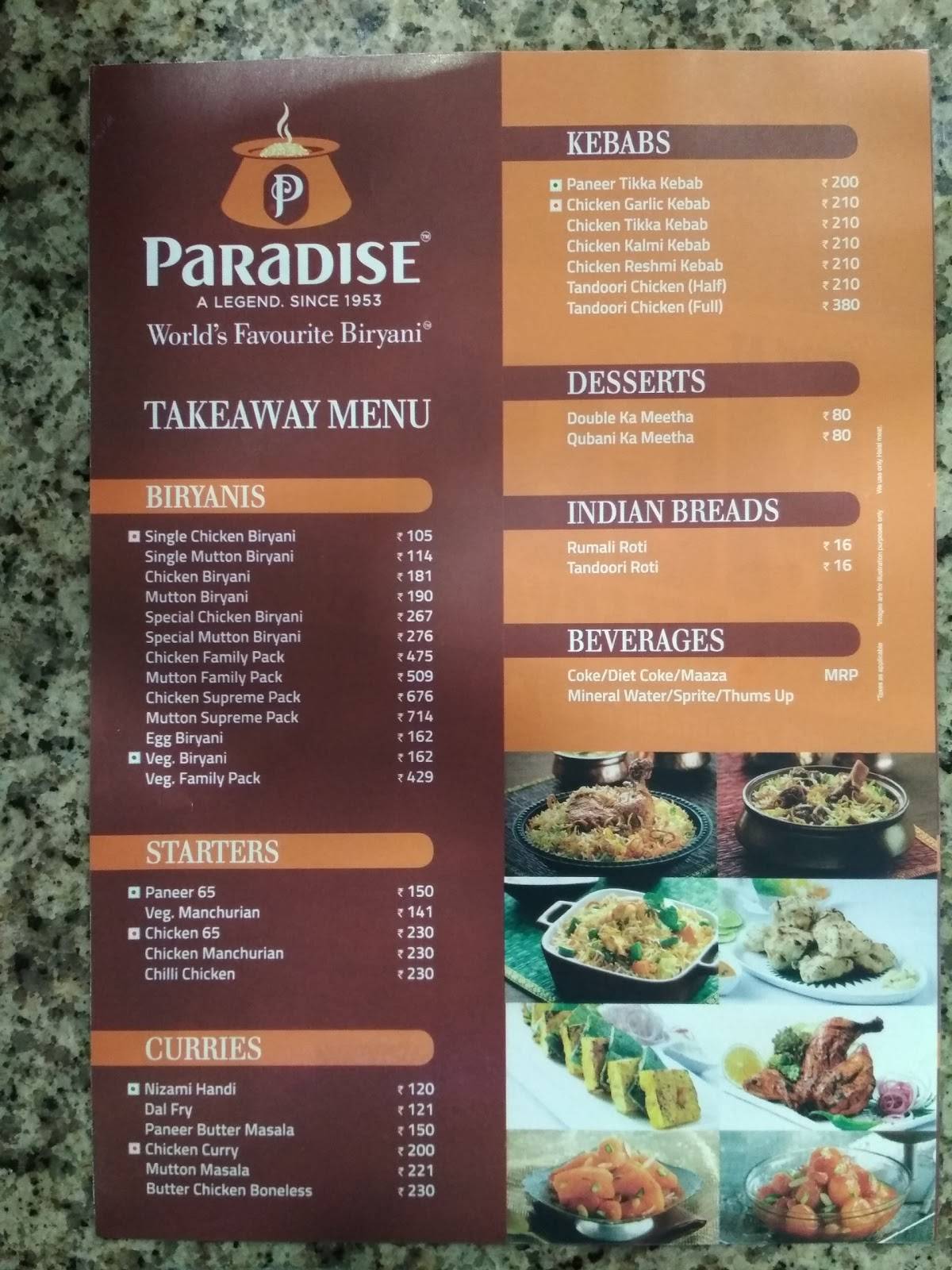 Menu at Paradise Biryani MGBS, Hyderabad, Bus Stand