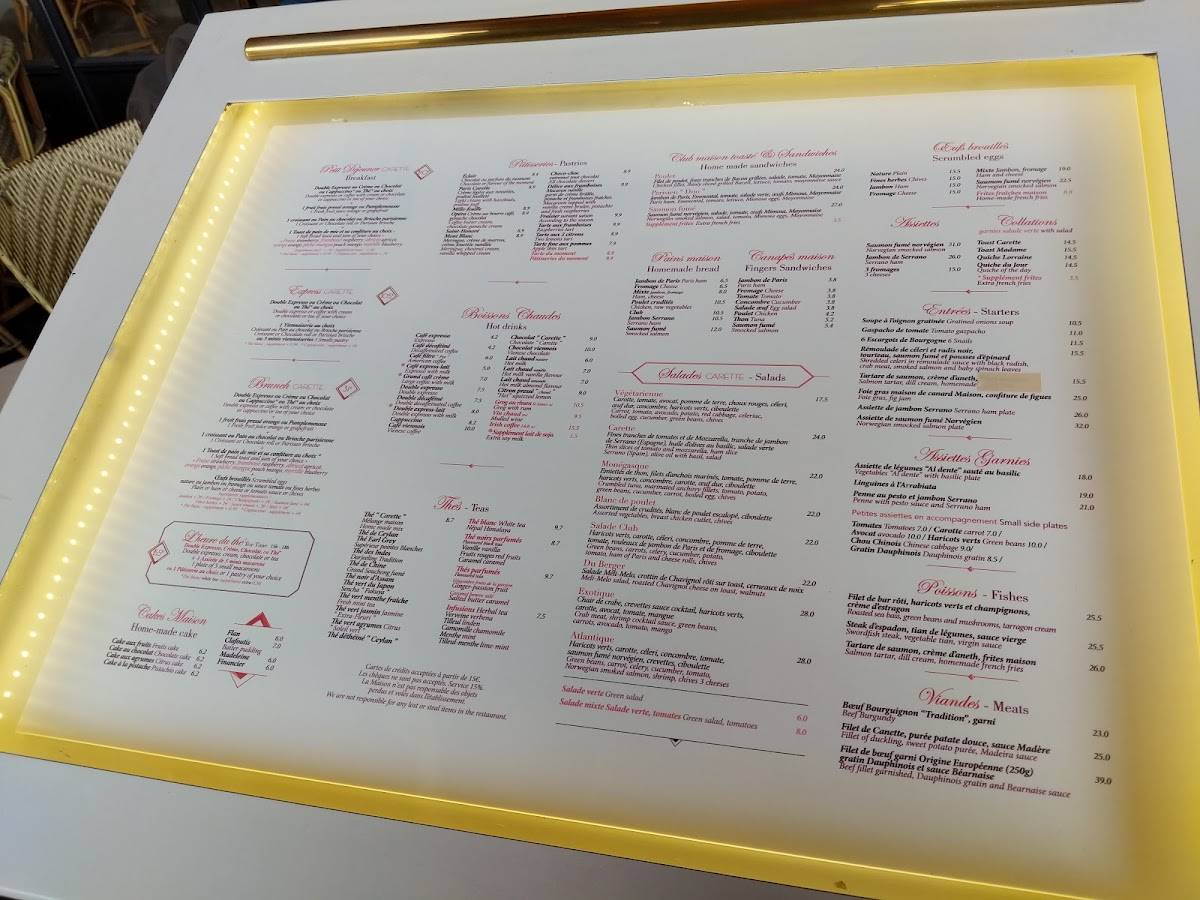 Menu at Carette pub & bar, Paris, 25 Pl. des Vosges