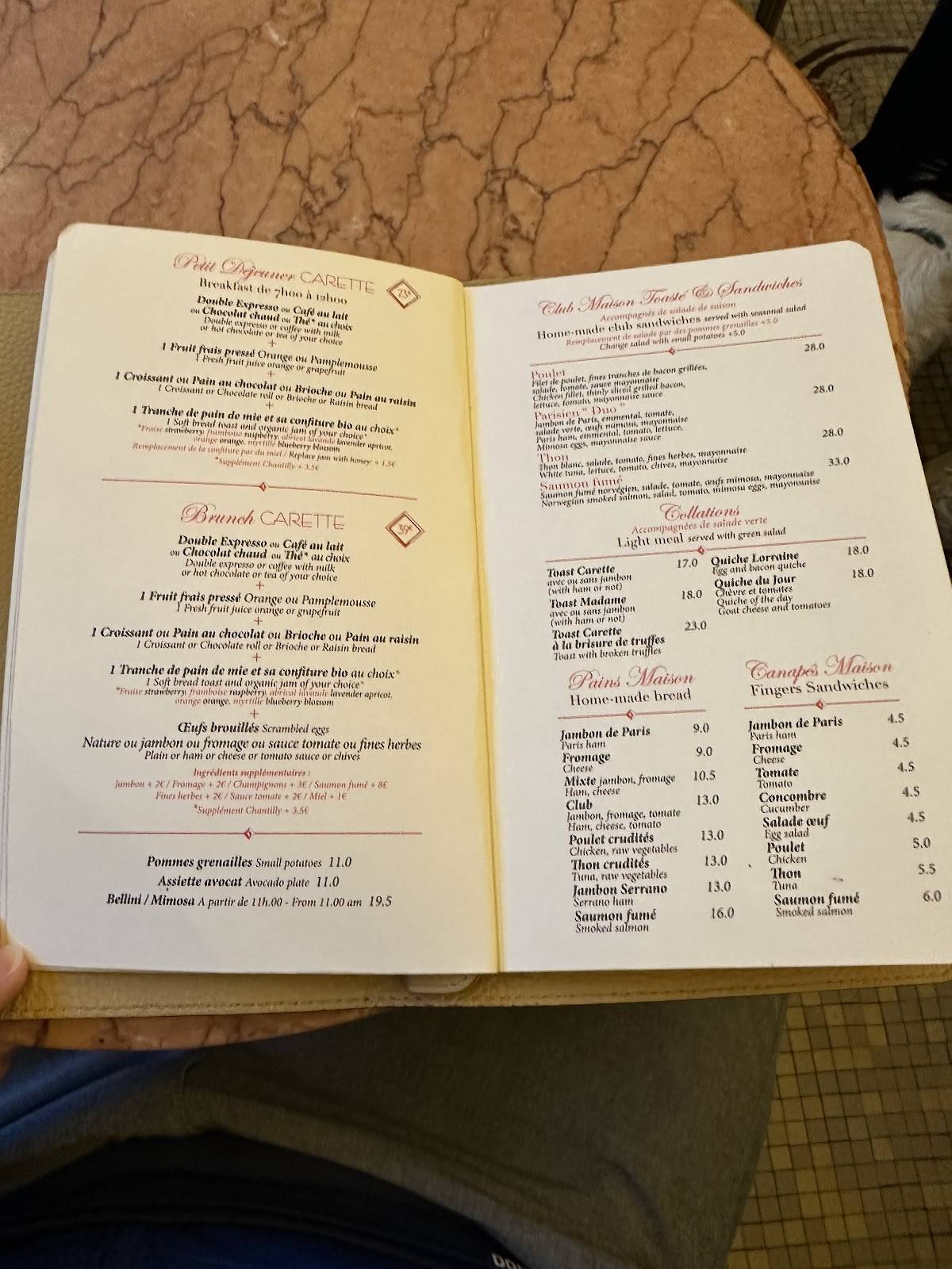 Menu au Carette restaurant, Paris, 4 Pl. du Trocadéro et du 11 Novembre