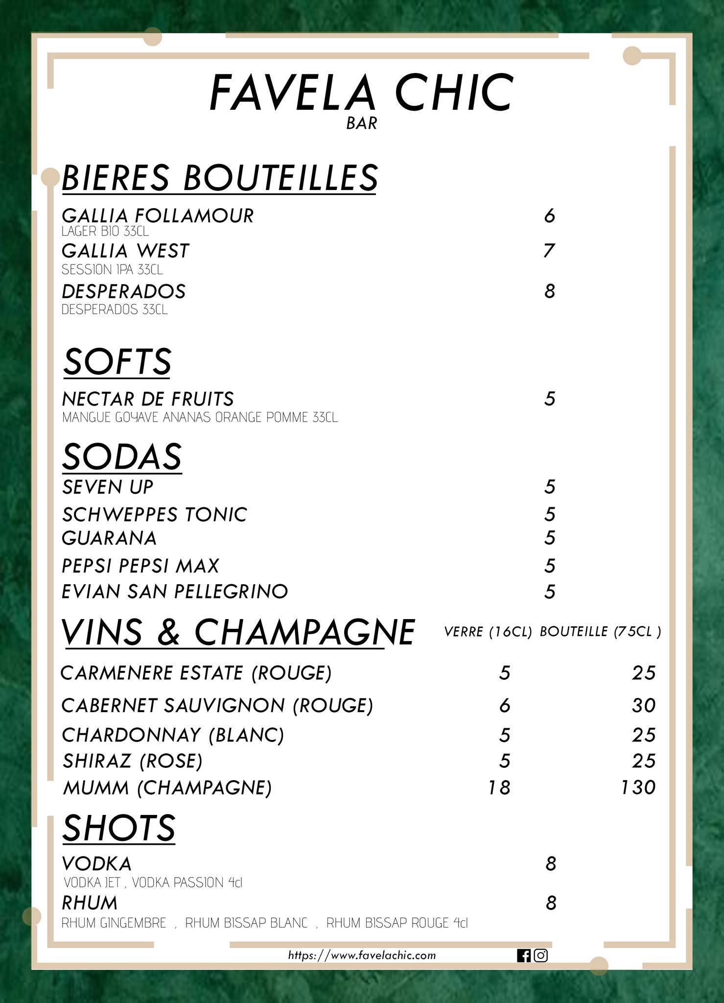 Menu au Favela Chic pub et bar, Paris, 18 Rue du Faubourg du Temple