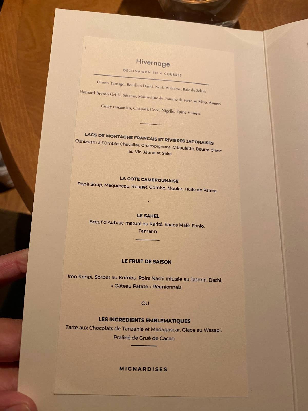 Menu au Mosuke restaurant, Paris