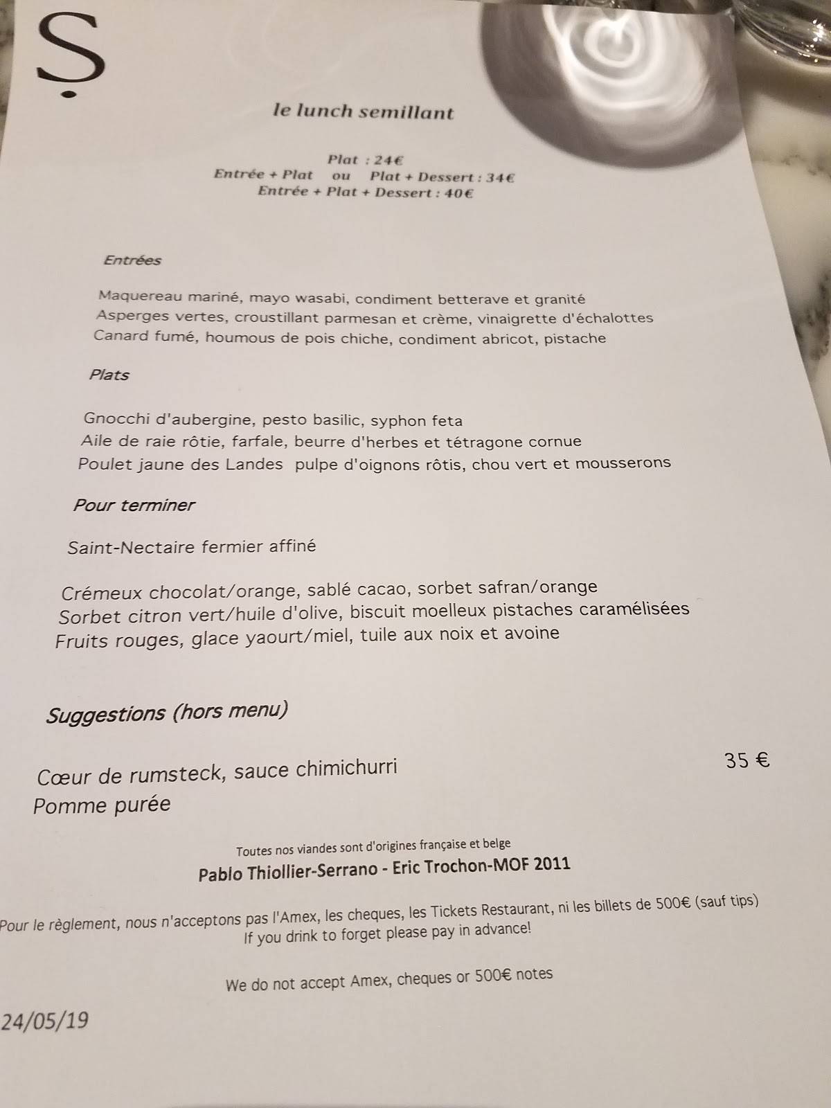 Menu at Semilla restaurant, Paris, 54 Rue de Seine