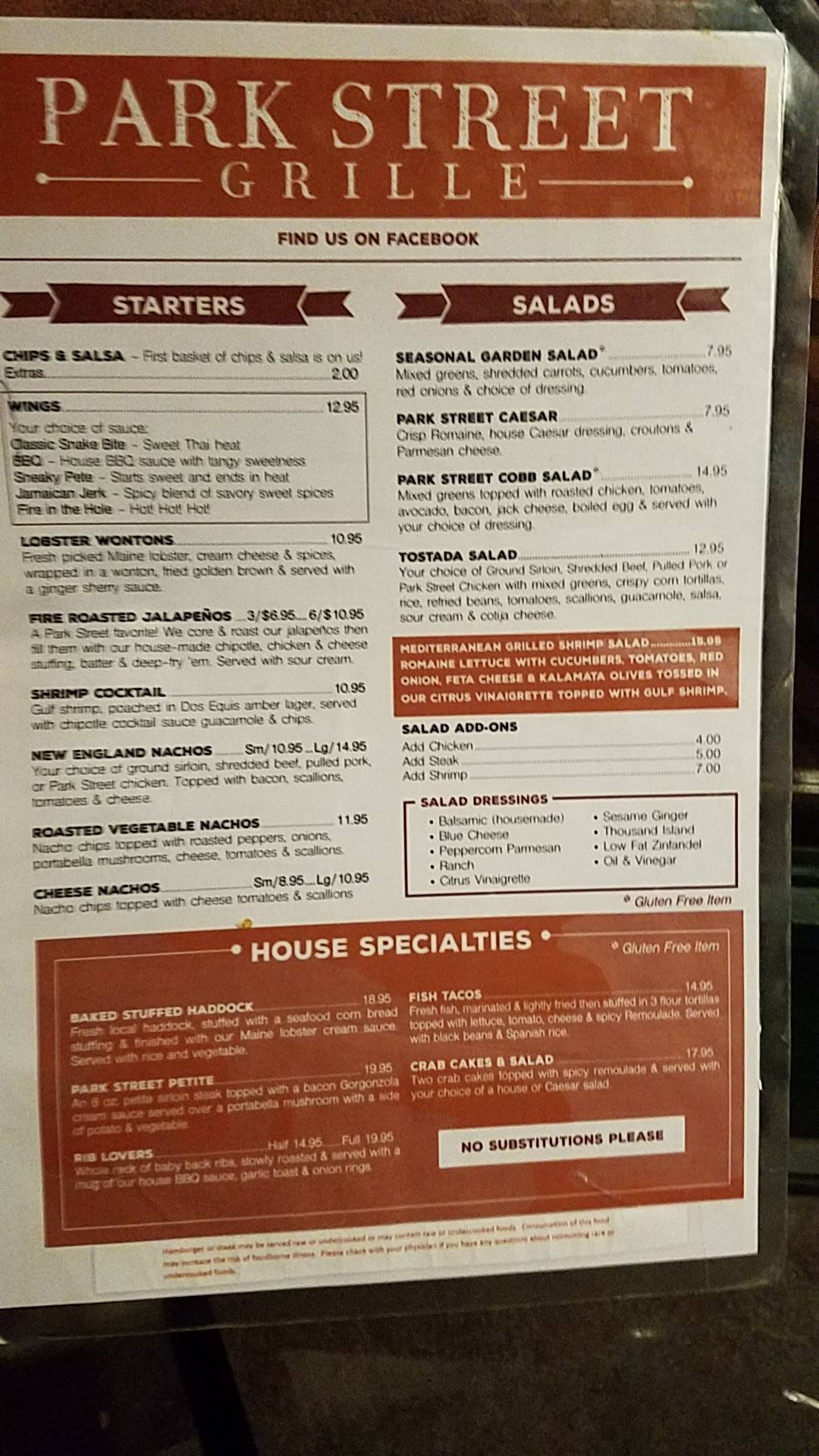 Menu at Park Street Grille pub & bar, Rockland