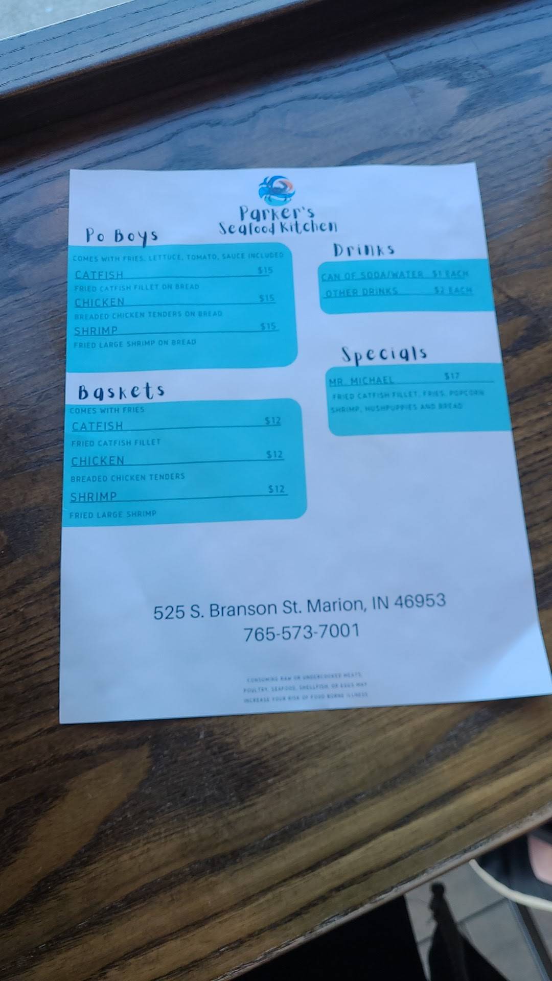 Menu at Parker's Seafood Kitchen restaurant, Marion
