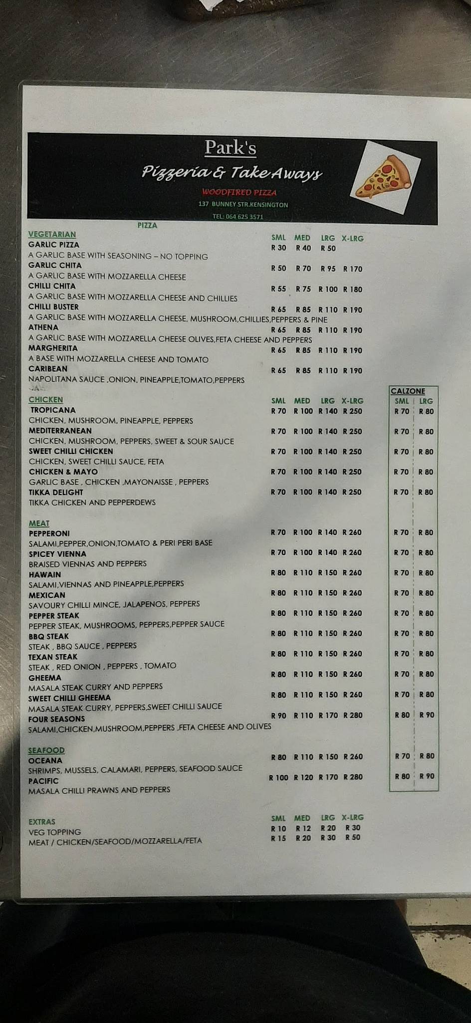Menu at Parks Pizza pizzeria, Cape Town