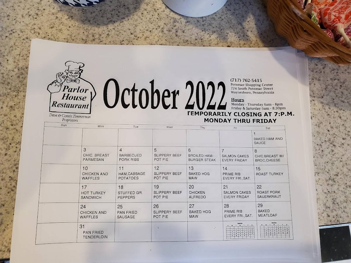 Menu at Parlor House restaurant, Waynesboro