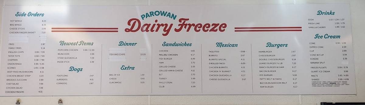 Menu at Parowan Dairy Freeze restaurant, Parowan