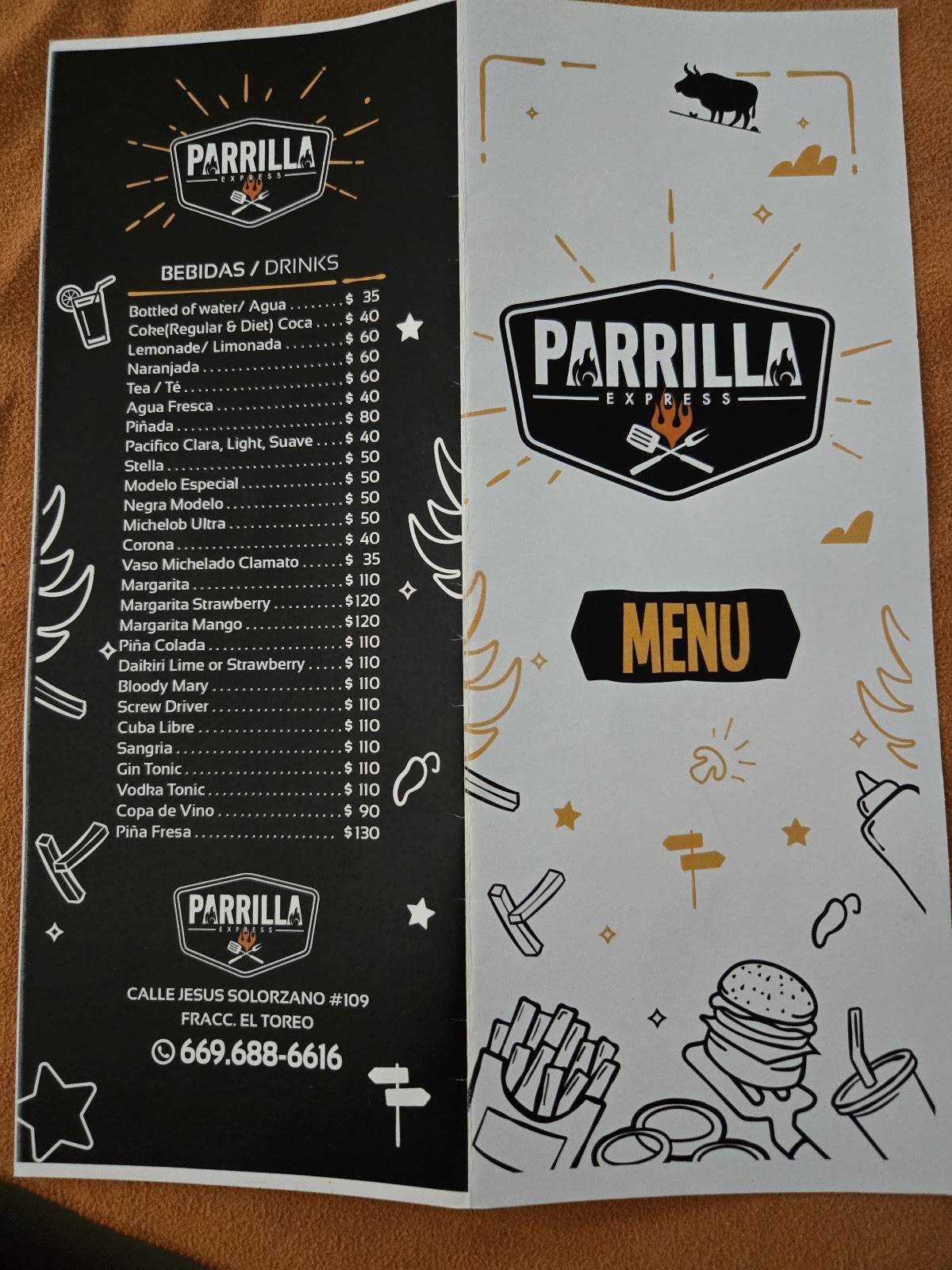 Menu at Parrilla Express, Mazatlán, Jesús Solórzano 109