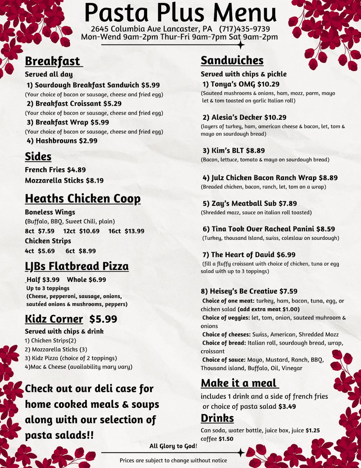 Menu at Pasta Plus restaurant, Lancaster