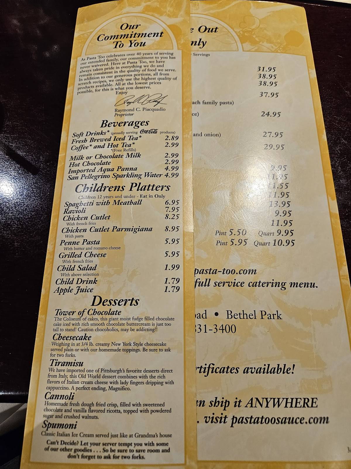 Menu at Pasta Too restaurant Bethel Park Library Rd