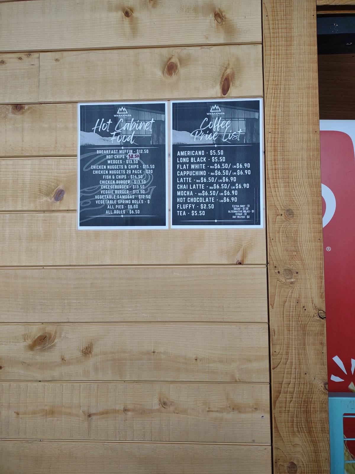 Menu at Knoll Ridge chalet at Whakapapa cafe, New Zealand, Whakapapa ...