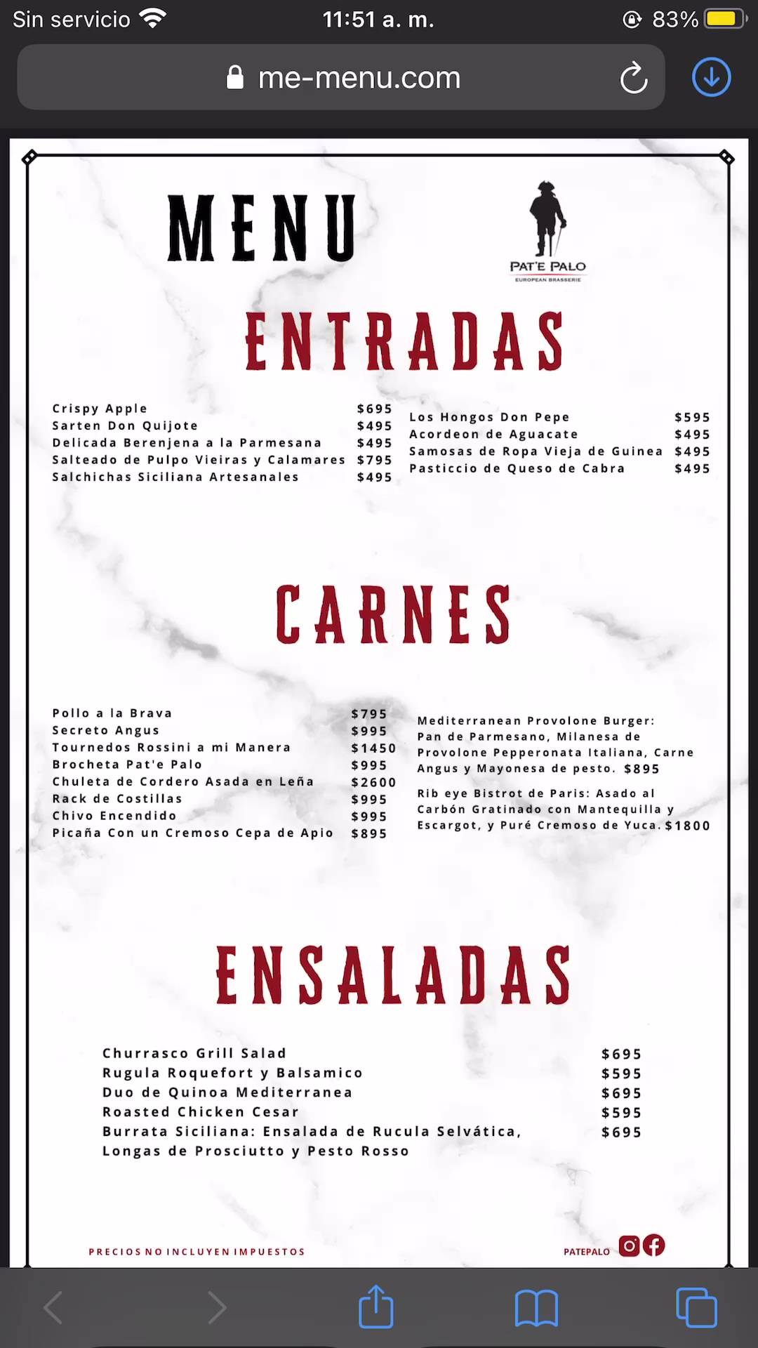 Menu at Pat'e Palo European Brasserie restaurant, Santo Domingo, Plaza ...