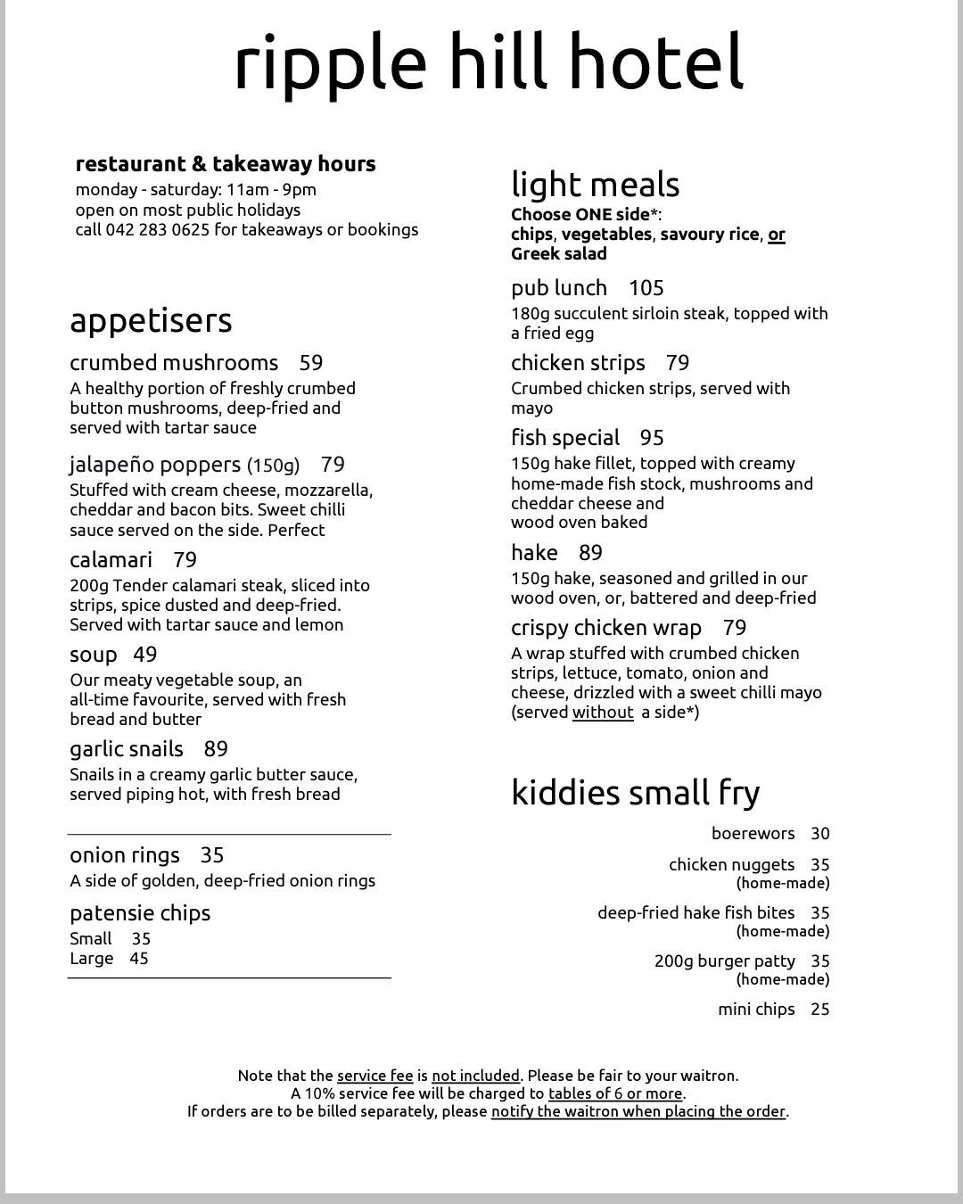 Menu at Ripple Hill Hotel restaurant, Patensie