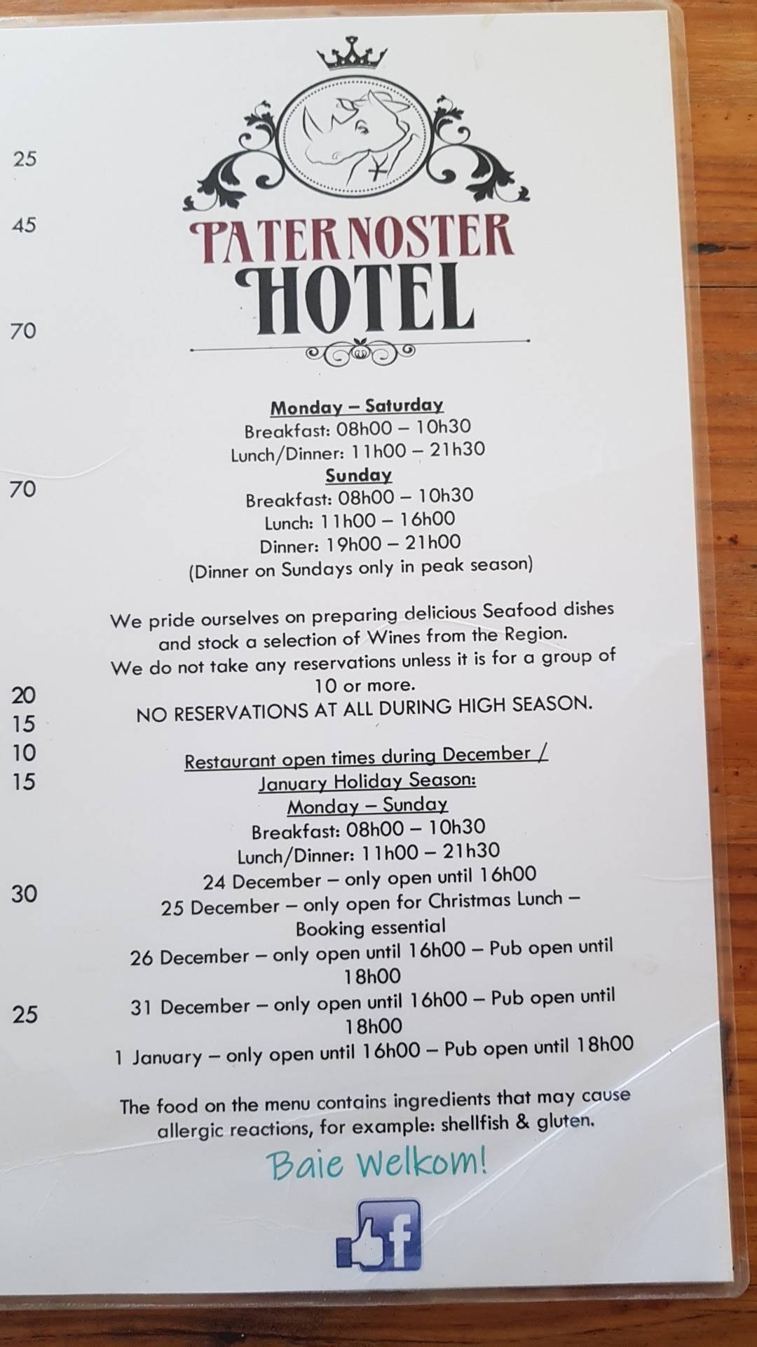 Menu at The Panty Bar, Paternoster