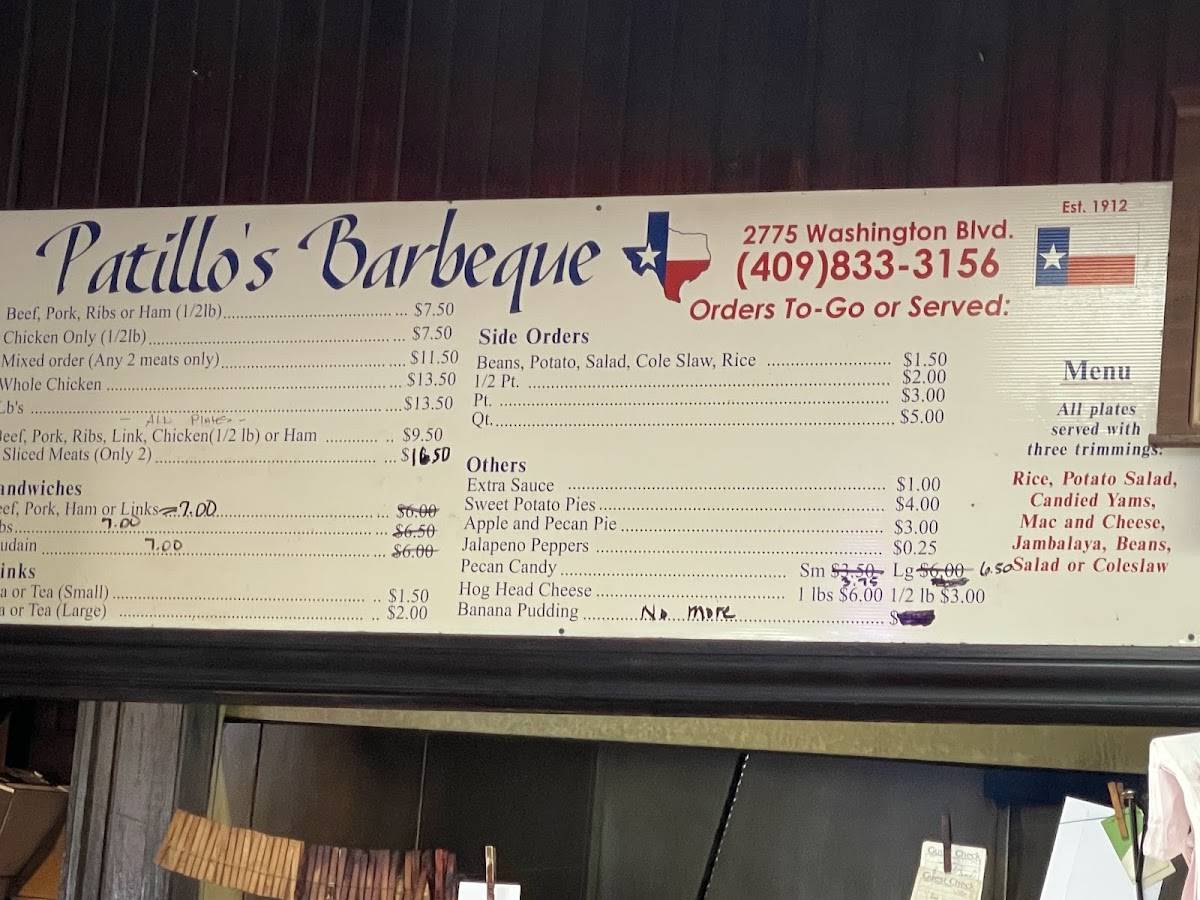 Menu at Patillo's Barbeque, Beaumont, Washington Blvd