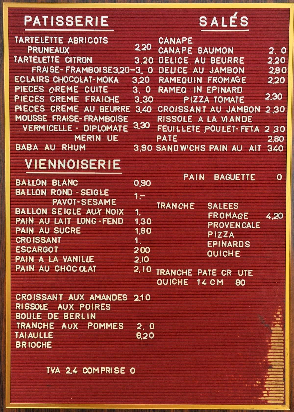 Menu au Pâtisserie Mage, Genève, Rte de Malagnou 52