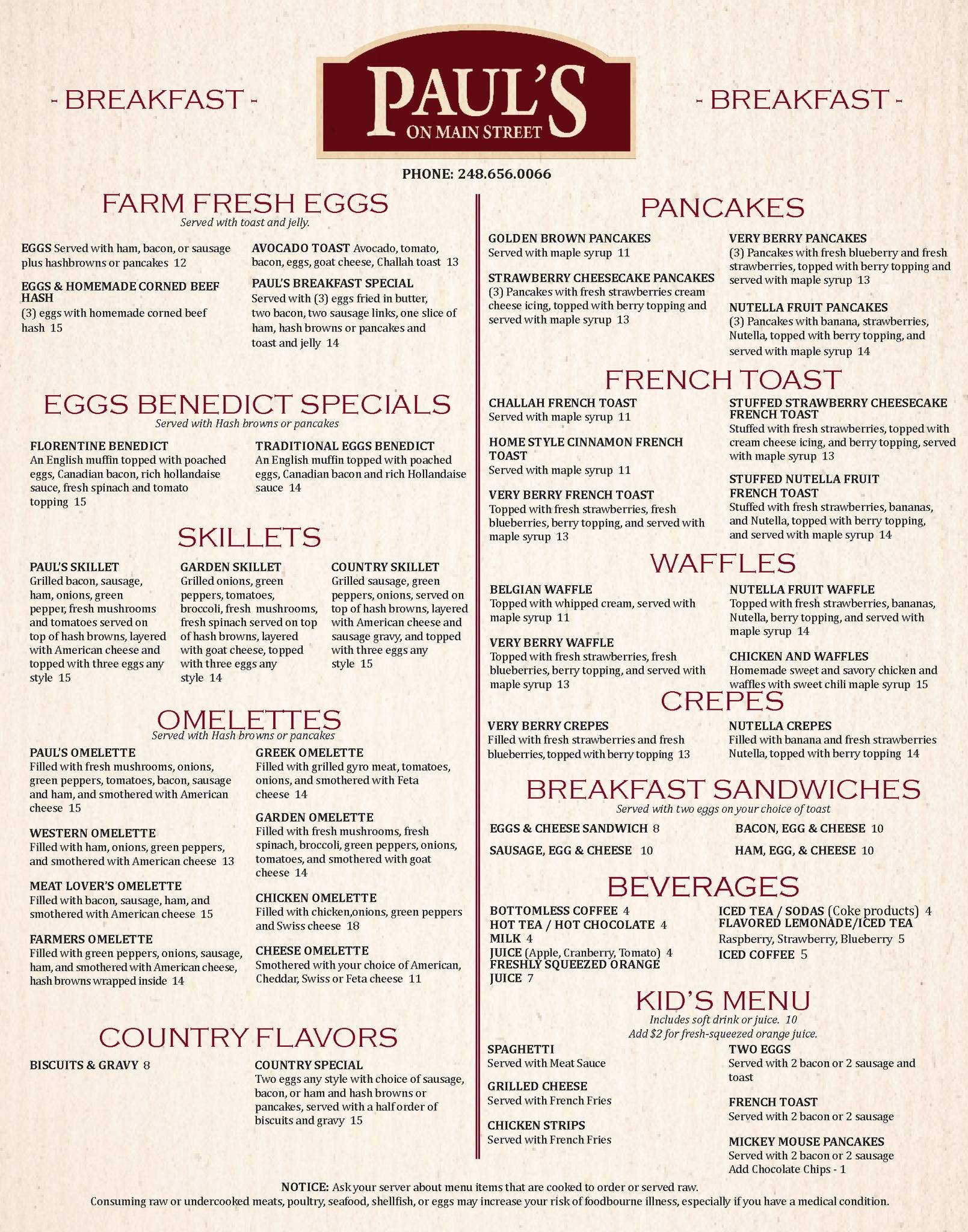 Menu at Paul's On Main Street restaurant, Rochester