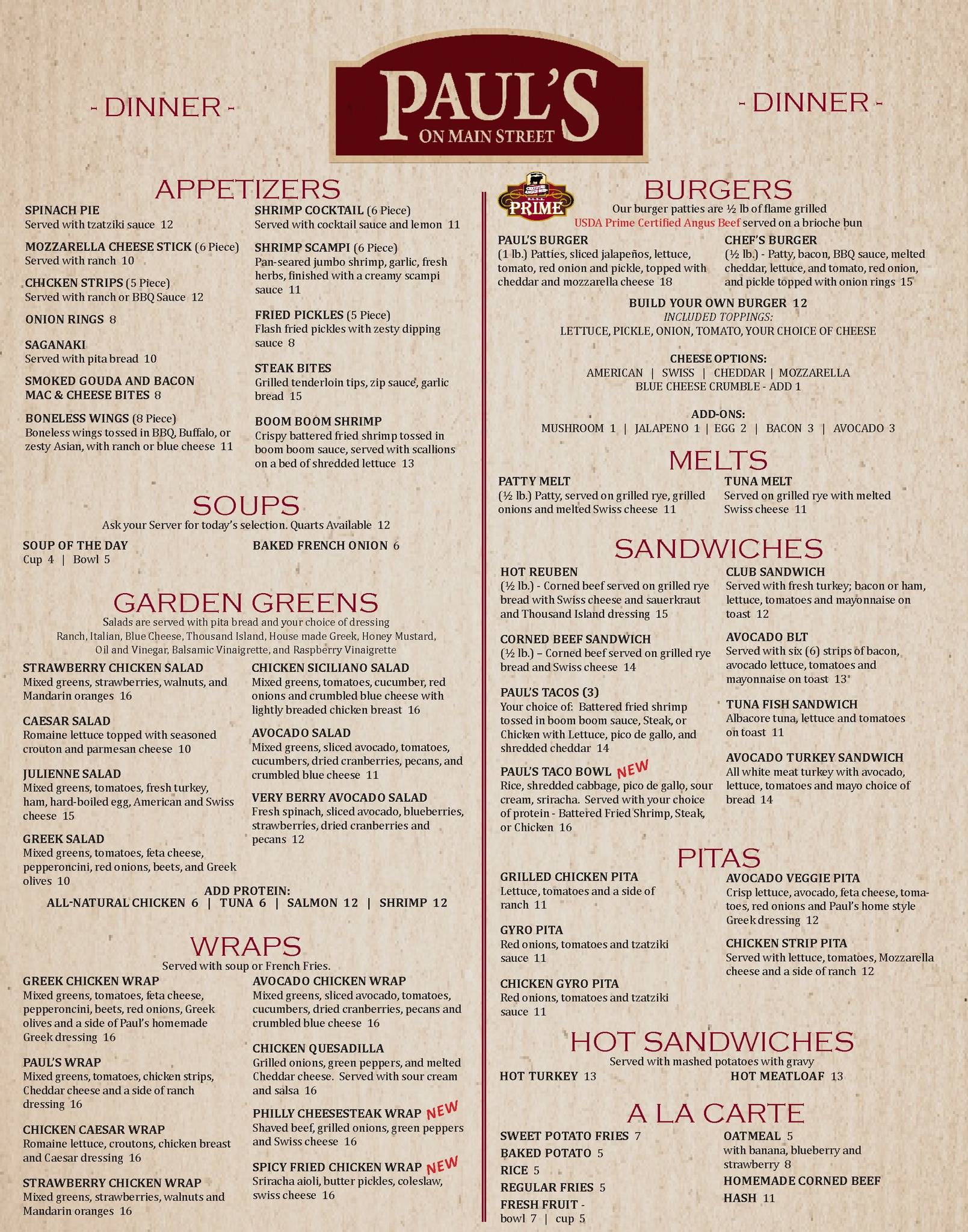 Menu at Paul's On Main Street restaurant, Rochester