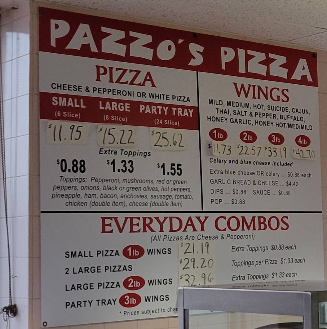 Menu at Pazzo's Pizzeria Dunnville, Canada
