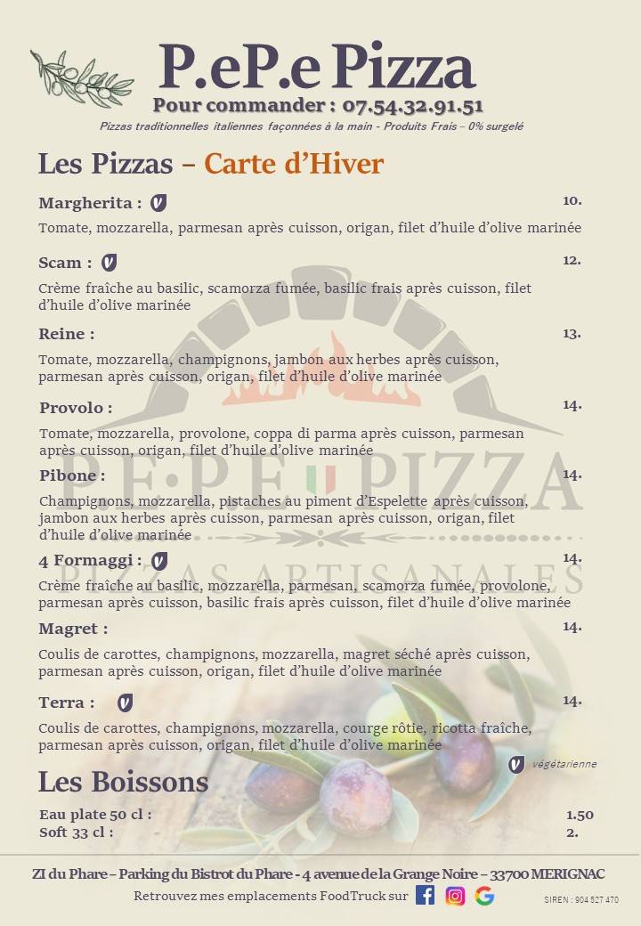 Carta de pizzería PePe Pizza FoodTruck, Parempuyre