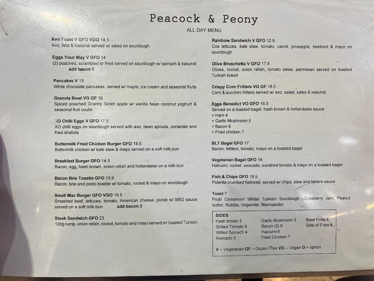 Menu at Peacock & Peony cafe, Mitchelton