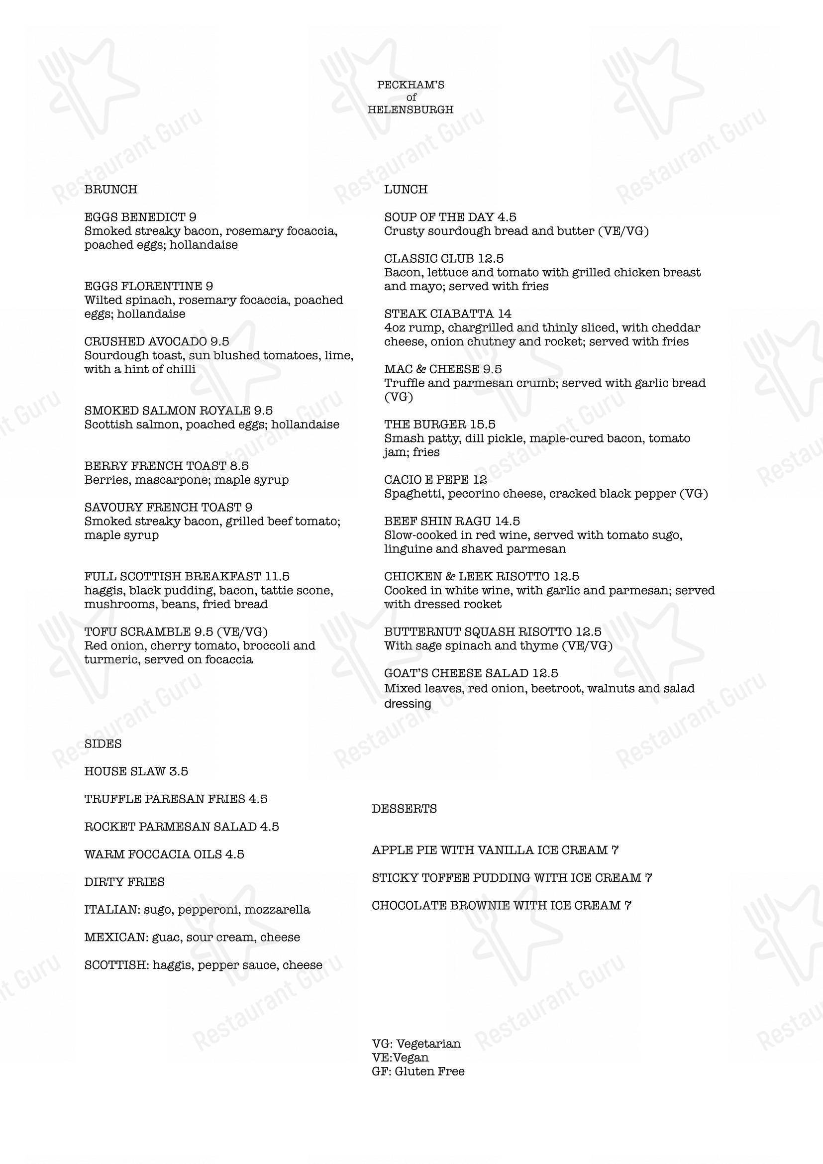 Menu at Peckham’s of Helensburgh restaurant, Helensburgh