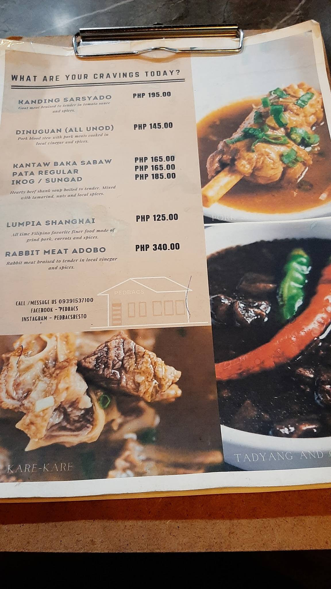 Menu at Pedbacs Restaurant, Iloilo City