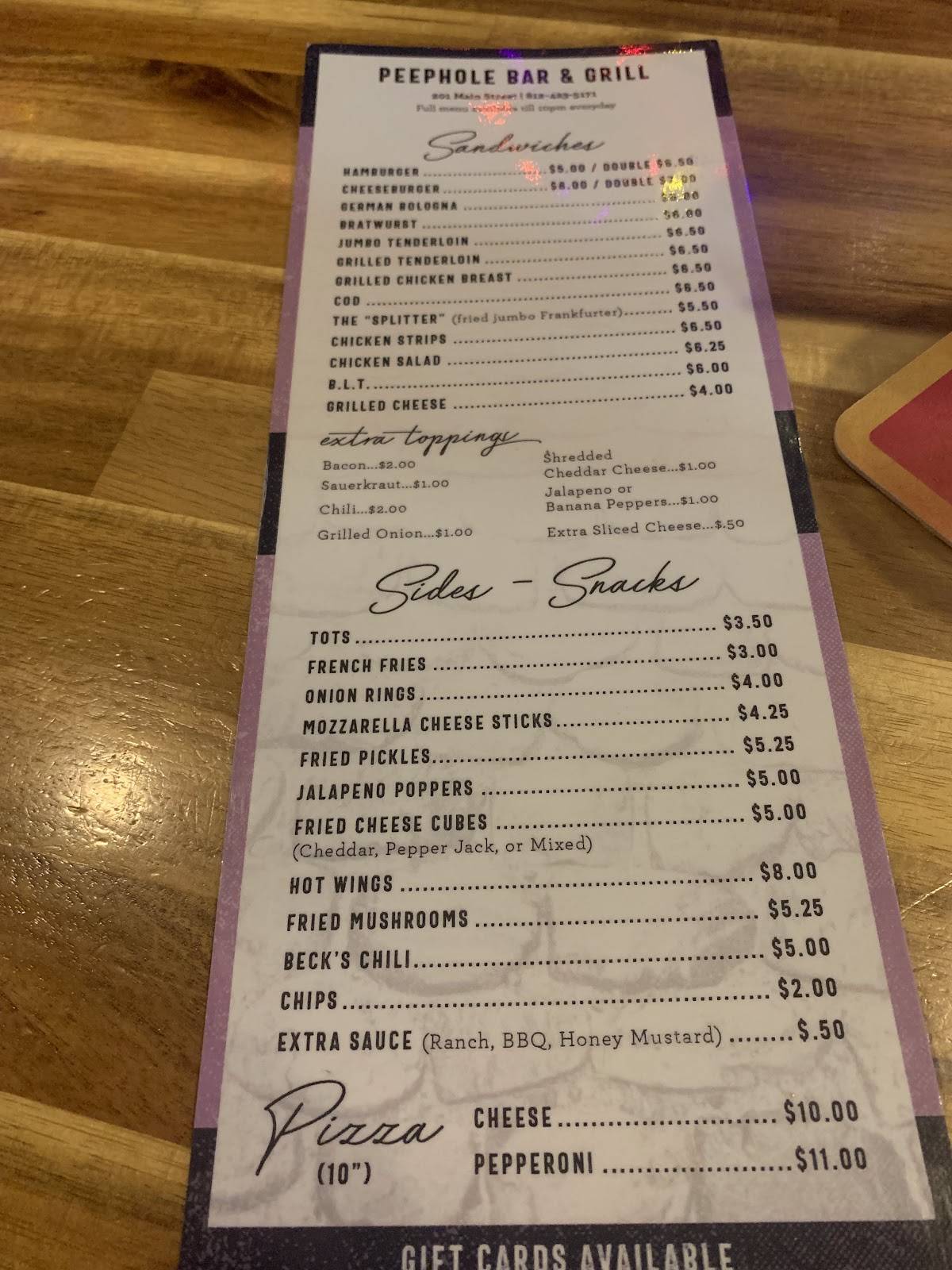 Menu at Peephole Bar & Grill, Evansville