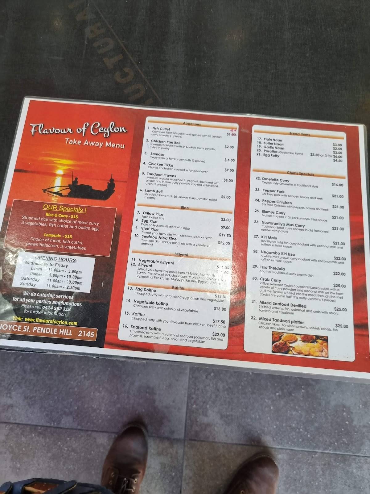 Menu at Flavour of Ceylon restaurant, Pendle Hill