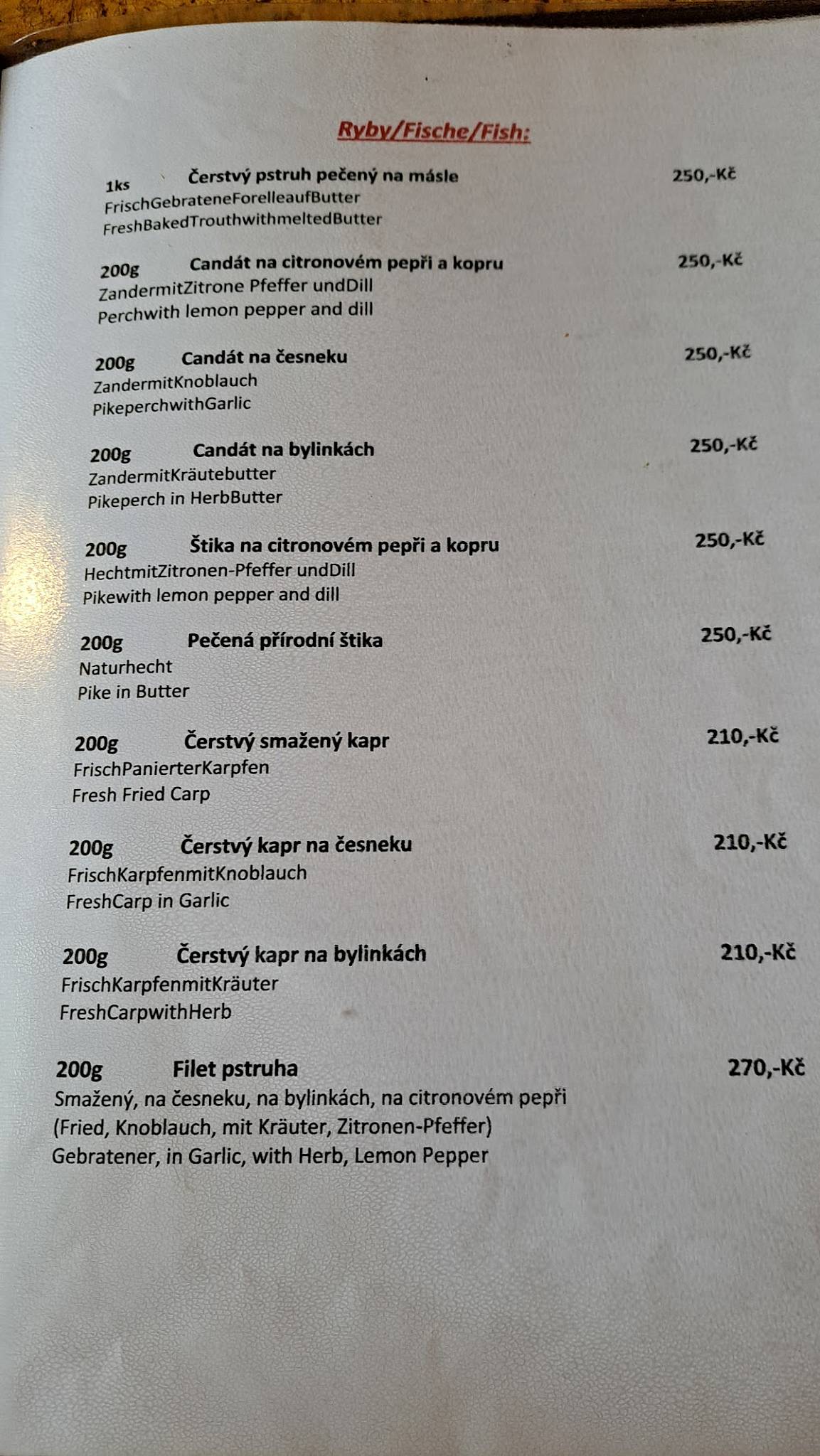 Menu at Pension Rybářská Bašta restaurant, Rožmberk nad Vltavou