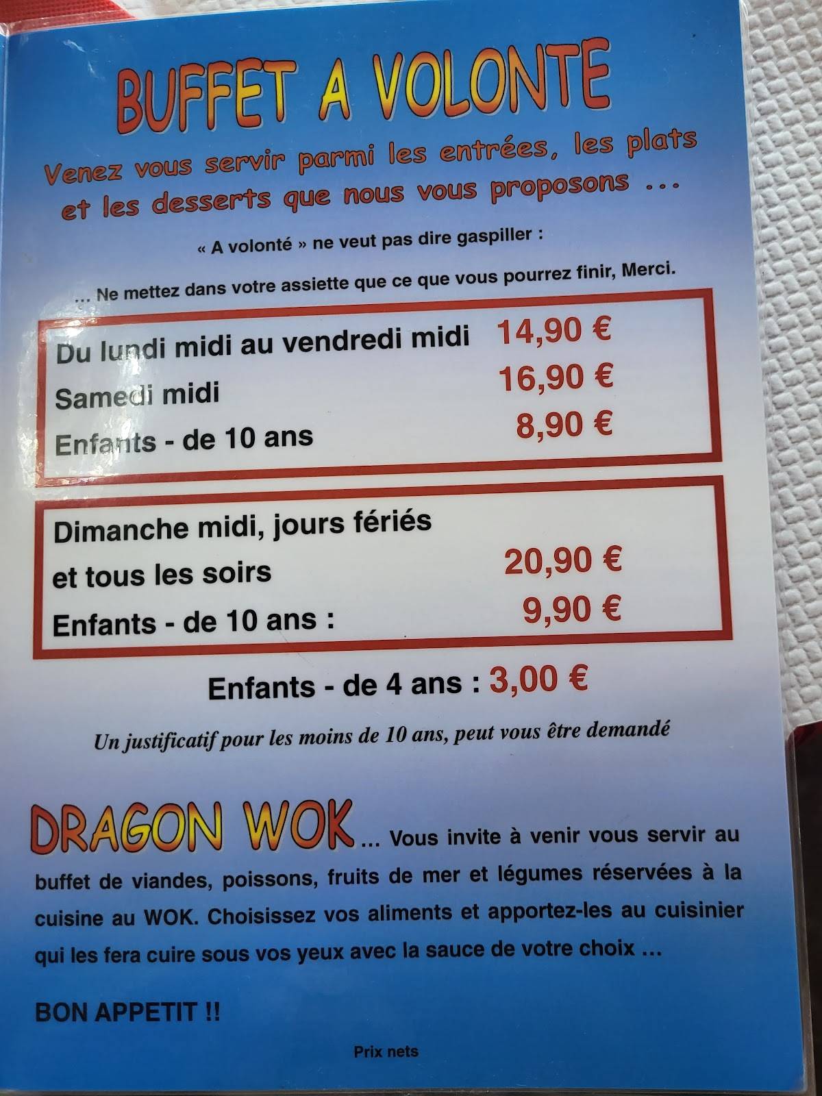 Menu au Dragon wok restaurant Perpignan