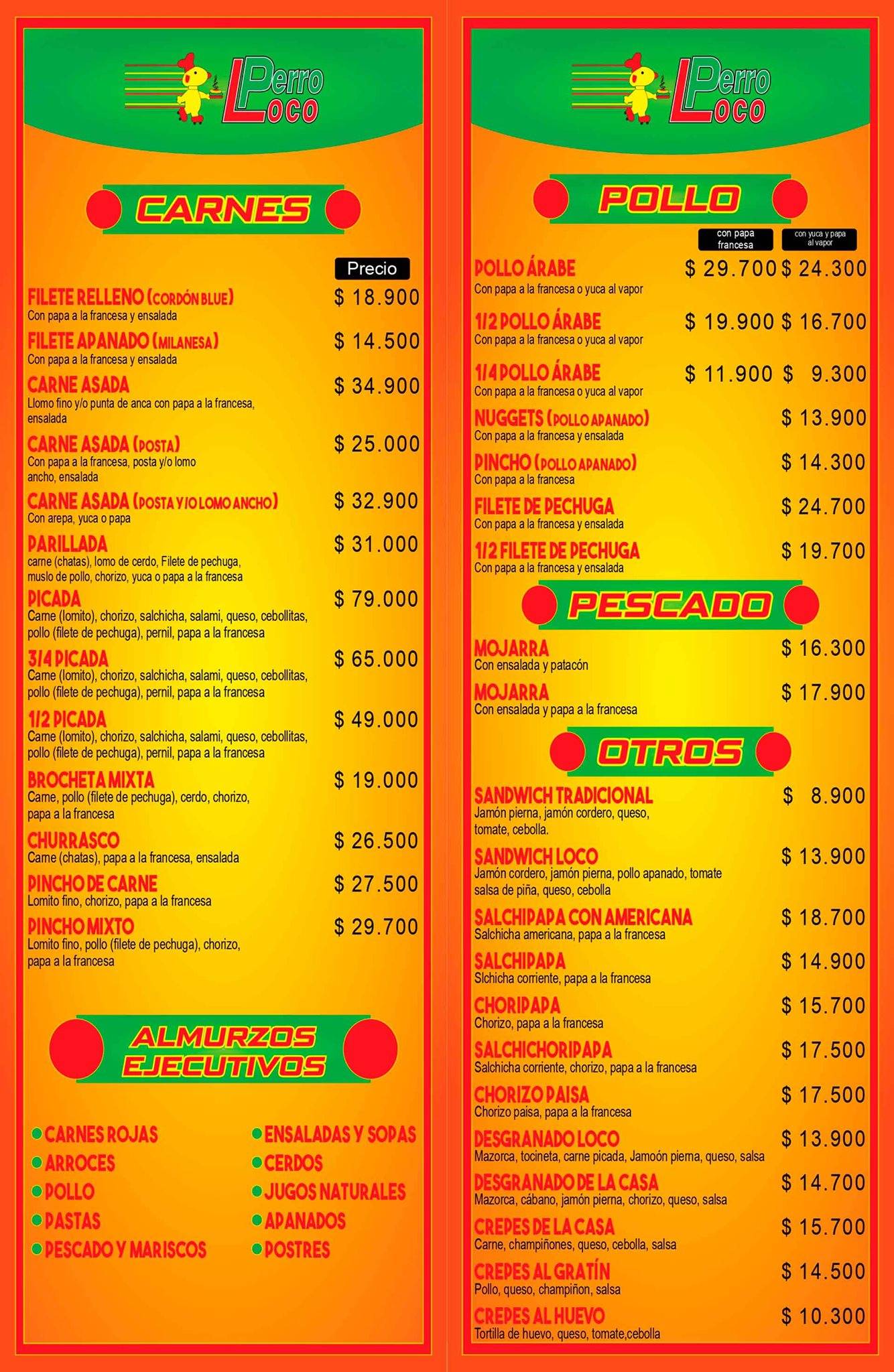 Carta del restaurante Perro Loco, Bucaramanga, Tv. 29 #105-06