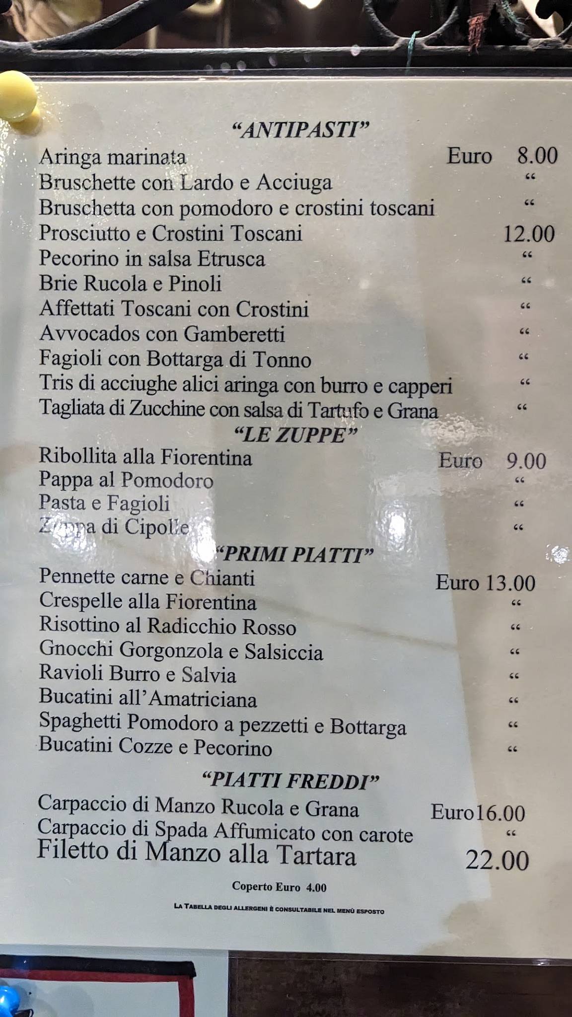 Menu at Perseus steakhouse, Florence