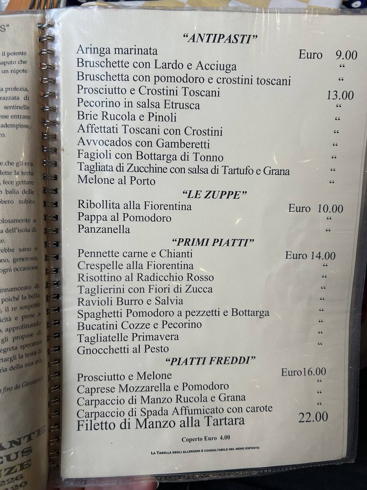 Menu at Perseus steakhouse, Florence