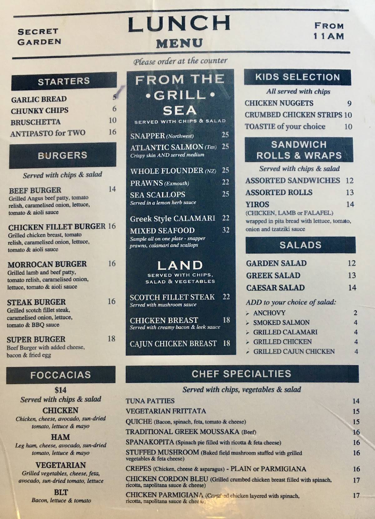 Menu at Secret Garden Cafe & Patisserie, South Perth, 64 Angelo St