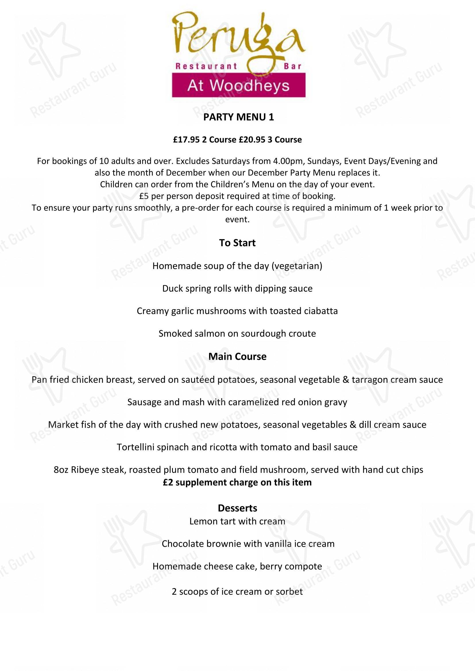 Menu at Peruga At Woodheys restaurant, Mellor