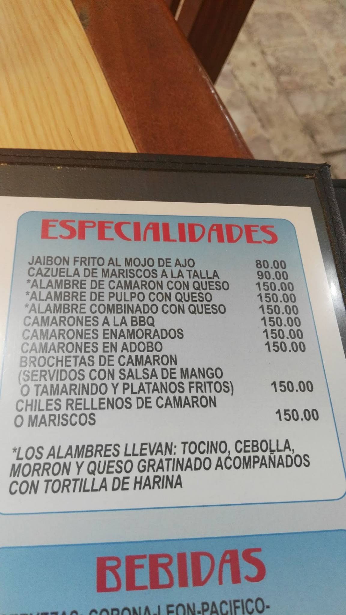 Menu at Pescados y Mariscos El 70 restaurant, Mexico City